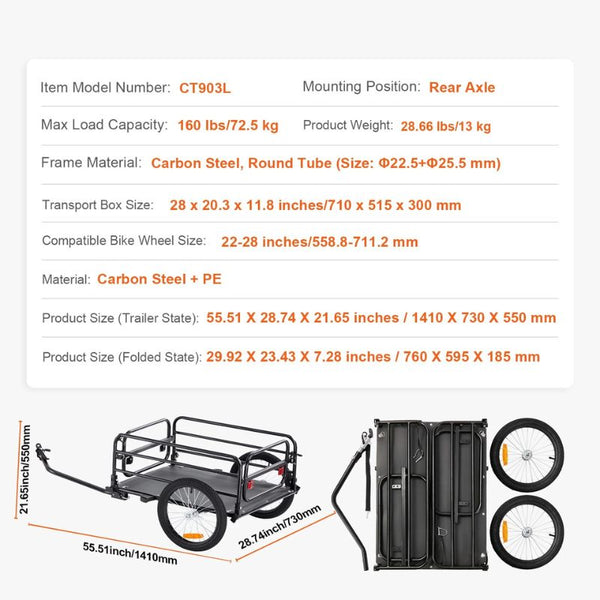 Birch Electric Bike Cargo Trailer Folding Storage 160 lbs Bike Trailer